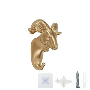 Curqia Animal Shaped Coat Hook Gold Decorative Wall Hook Wildlife Collection Hook Goat Head Hanger for Coat/Clothes/Keys/Towels, 2 Set