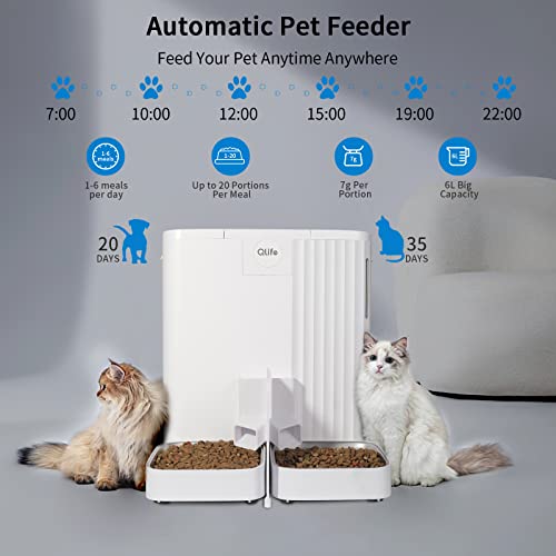 QLIFE Automatic Cat Dog Feeder: Dry Food Dispenser for Dog, Auto Pet Feeder, Portion Control Automatic Dog Feeder (White Regular, 6L)