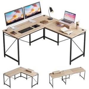 bestier l shaped desk computer long desk reversible corner desk for home office large craft table u shaped 2 person gaming workstation with monitor stand 3 cable holes l desk, light oak