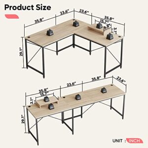 Bestier L Shaped Desk Computer Long Desk Reversible Corner Desk for Home Office Large Craft Table U Shaped 2 Person Gaming Workstation with Monitor Stand 3 Cable Holes L Desk, Light Oak