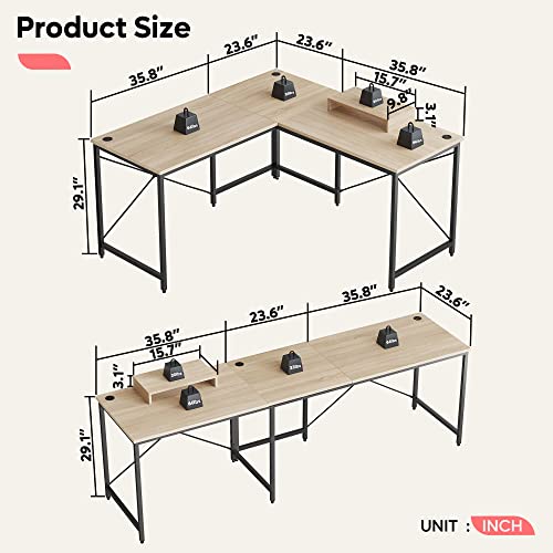 Bestier L Shaped Desk Computer Long Desk Reversible Corner Desk for Home Office Large Craft Table U Shaped 2 Person Gaming Workstation with Monitor Stand 3 Cable Holes L Desk, Light Oak