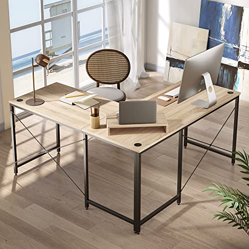 Bestier L Shaped Desk Computer Long Desk Reversible Corner Desk for Home Office Large Craft Table U Shaped 2 Person Gaming Workstation with Monitor Stand 3 Cable Holes L Desk, Light Oak