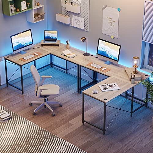 Bestier L Shaped Desk Computer Long Desk Reversible Corner Desk for Home Office Large Craft Table U Shaped 2 Person Gaming Workstation with Monitor Stand 3 Cable Holes L Desk, Light Oak