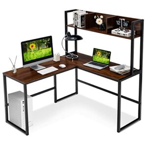 tangkula reversible l-shaped desk with hutch, space saving corner computer desk with storage shelves, home office study writing desk computer workstation with storage bookshelf, gaming desk