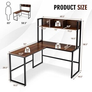 Tangkula Reversible L-Shaped Desk with Hutch, Space Saving Corner Computer Desk with Storage Shelves, Home Office Study Writing Desk Computer Workstation with Storage Bookshelf, Gaming Desk