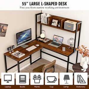 Tangkula Reversible L-Shaped Desk with Hutch, Space Saving Corner Computer Desk with Storage Shelves, Home Office Study Writing Desk Computer Workstation with Storage Bookshelf, Gaming Desk