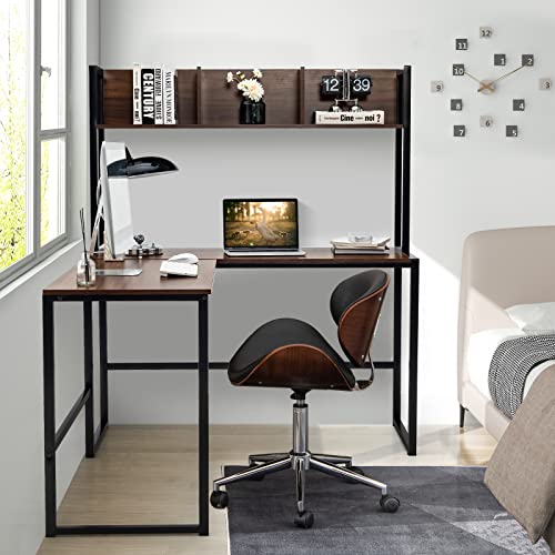 Tangkula Reversible L-Shaped Desk with Hutch, Space Saving Corner Computer Desk with Storage Shelves, Home Office Study Writing Desk Computer Workstation with Storage Bookshelf, Gaming Desk