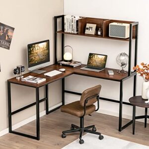 Tangkula Reversible L-Shaped Desk with Hutch, Space Saving Corner Computer Desk with Storage Shelves, Home Office Study Writing Desk Computer Workstation with Storage Bookshelf, Gaming Desk