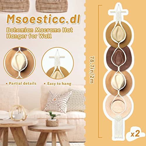 Msoesticc.dl 2Pcs Macrame Hat Hanger, Boho Hat Hangers for Wall, Decorative Bohemian Hand Weaving Hat Rack for Wide Brim Fedoras Caps - 78.74 Inches (4 Hats Style)