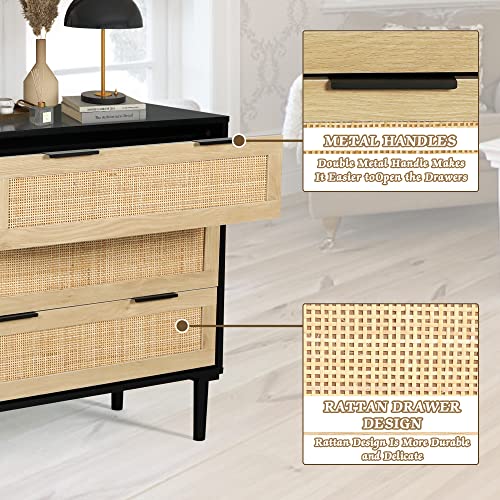 LAZZO Rattan 3 Drawer Wood Dresser Boho Large Storage Cabinet Nightstand Chest for Bedroom Mid Century Modern Chest of Drawers Wide Closet Dresser Storage Organizer