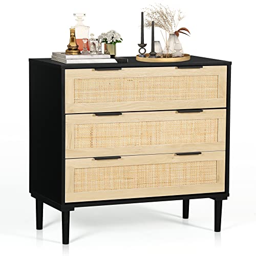 LAZZO Rattan 3 Drawer Wood Dresser Boho Large Storage Cabinet Nightstand Chest for Bedroom Mid Century Modern Chest of Drawers Wide Closet Dresser Storage Organizer