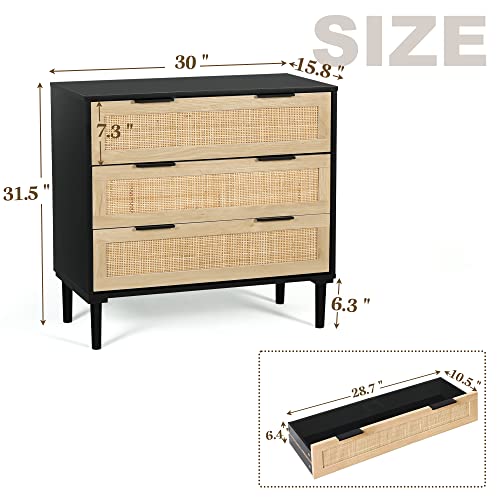 LAZZO Rattan 3 Drawer Wood Dresser Boho Large Storage Cabinet Nightstand Chest for Bedroom Mid Century Modern Chest of Drawers Wide Closet Dresser Storage Organizer