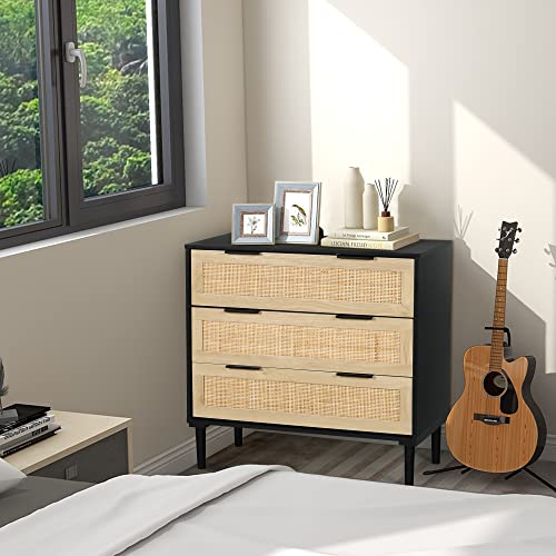 LAZZO Rattan 3 Drawer Wood Dresser Boho Large Storage Cabinet Nightstand Chest for Bedroom Mid Century Modern Chest of Drawers Wide Closet Dresser Storage Organizer