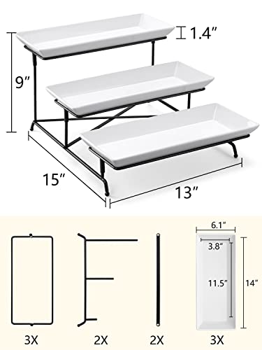 Yedio 3 Tier Serving Tray Set with Yedio 14” White Ceramic Serving Platters Set of 4