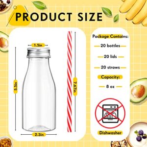 Yinkin Set of 20 Plastic Milk Bottles with Straws & Silver Metal Lids Clear Plastic Bottle for Dairy Milk, Party Bottle for Milk Juices Shakes Smoothies Cocktails, 20 Bottles and 20 Straws (8 oz)