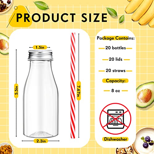 Yinkin Set of 20 Plastic Milk Bottles with Straws & Silver Metal Lids Clear Plastic Bottle for Dairy Milk, Party Bottle for Milk Juices Shakes Smoothies Cocktails, 20 Bottles and 20 Straws (8 oz)