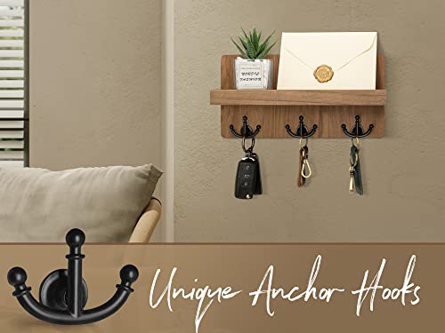 Rebee Vision Farmhouse Key Holder for Wall with Shelf: Decorative Mail Organizer and Key Rack Wall Mount with 3 Anchor Hooks - Rustic Entryway Decor (Retro Brown)