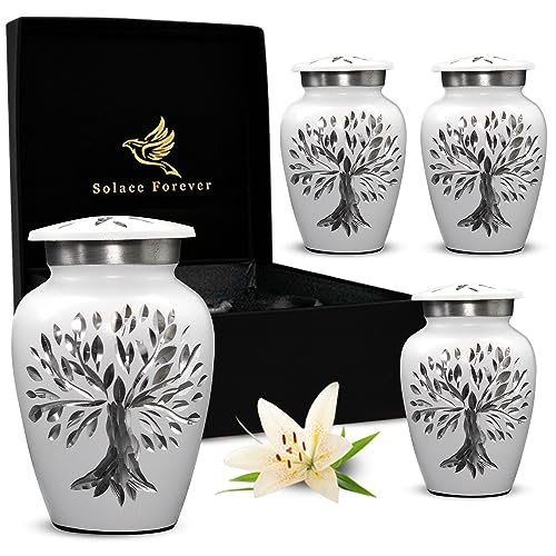 Small White Urns - Tree of Life Keepsake Urns Set of 4 - Small Urns for Human Ashes Male & Female - Handcrafted White Cremation Urns for Ashes with Box & Bags - Perfect Mini Urns for Men & Women