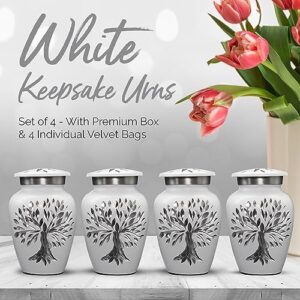 Small White Urns - Tree of Life Keepsake Urns Set of 4 - Small Urns for Human Ashes Male & Female - Handcrafted White Cremation Urns for Ashes with Box & Bags - Perfect Mini Urns for Men & Women