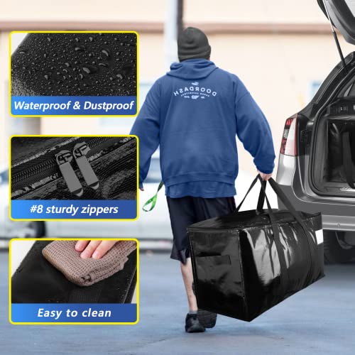 FADOTY 4 Pack Extra Large Moving Storage Bags with Zippers & Reinforced Handles Foldable Storage Totes with Lids Heavy Duty for Space Saving Packing Supplies Bags for Moving Storing, Black