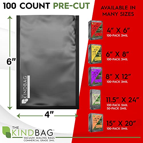 The Kind Bag Vacuum Seal Bags for Food; Food Grade, BPA Free & Freezer Safe; Airtight, Odor Free and Moisture Free; Commercial Grade 3mil Clear & Black; 4x6 inch Pre Cut Bags (100ct)