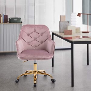 scxatvd Office Chair, Home Office Desk Chairs with Wheels, 360°Swivel/Bedroom/Vanity/Task/Velvet/Tufted Chair for Living Room with Armrest, Upholstered Height Adjustable (Light Pink)