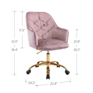 scxatvd Office Chair, Home Office Desk Chairs with Wheels, 360°Swivel/Bedroom/Vanity/Task/Velvet/Tufted Chair for Living Room with Armrest, Upholstered Height Adjustable (Light Pink)