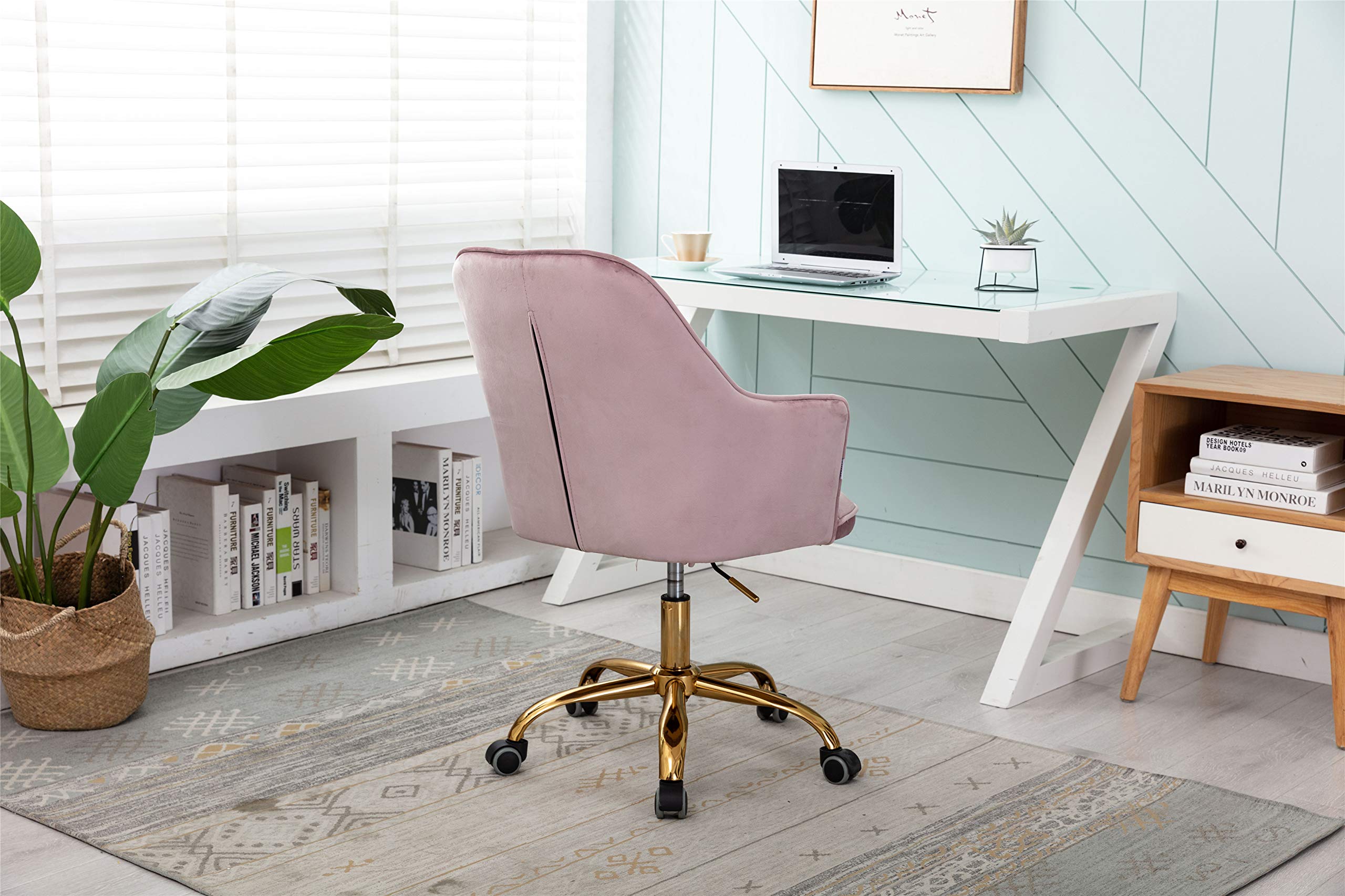 scxatvd Office Chair, Home Office Desk Chairs with Wheels, 360°Swivel/Bedroom/Vanity/Task/Velvet/Tufted Chair for Living Room with Armrest, Upholstered Height Adjustable (Light Pink)