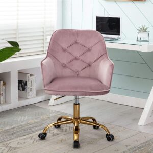 scxatvd Office Chair, Home Office Desk Chairs with Wheels, 360°Swivel/Bedroom/Vanity/Task/Velvet/Tufted Chair for Living Room with Armrest, Upholstered Height Adjustable (Light Pink)