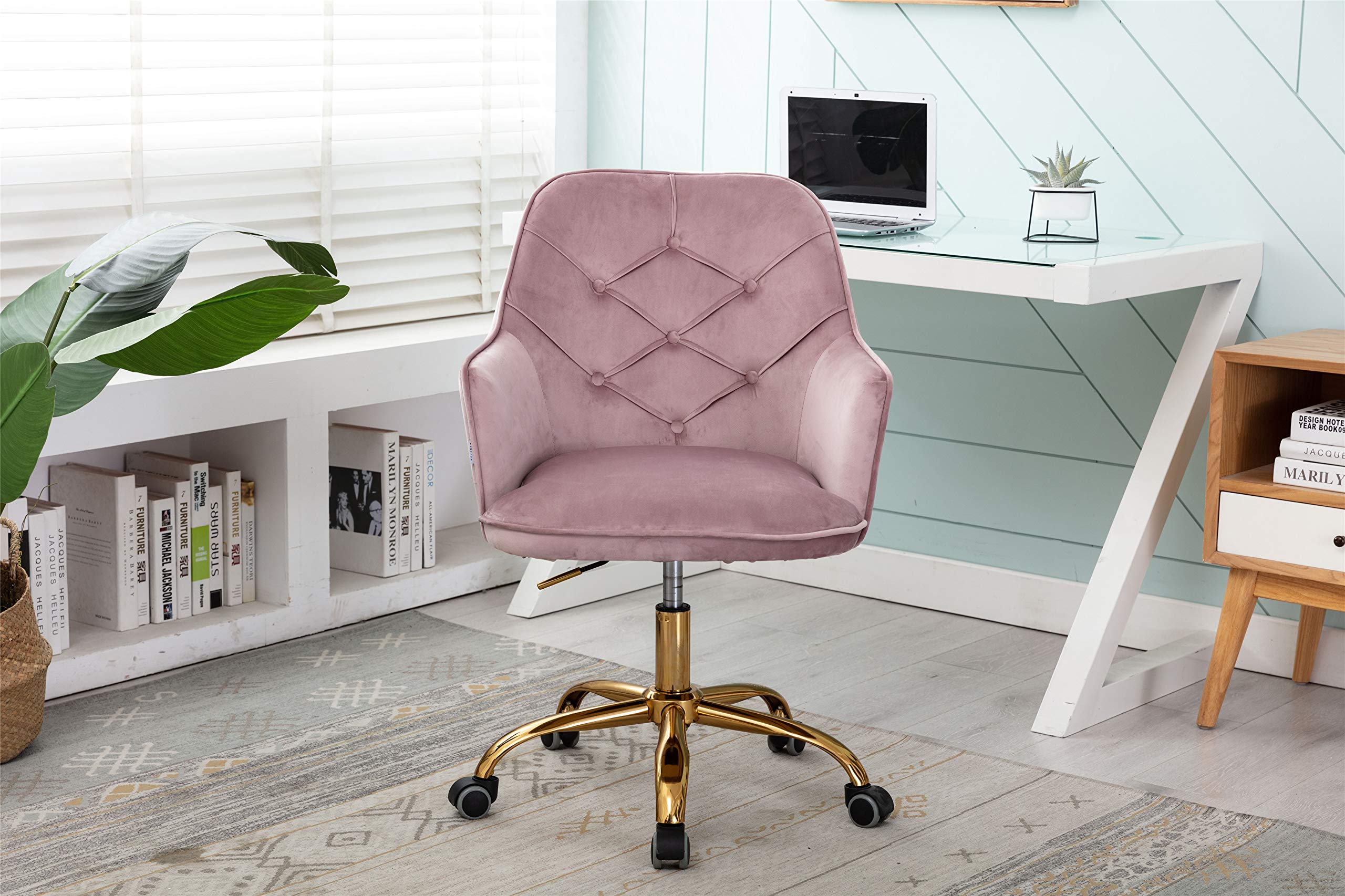 scxatvd Office Chair, Home Office Desk Chairs with Wheels, 360°Swivel/Bedroom/Vanity/Task/Velvet/Tufted Chair for Living Room with Armrest, Upholstered Height Adjustable (Light Pink)