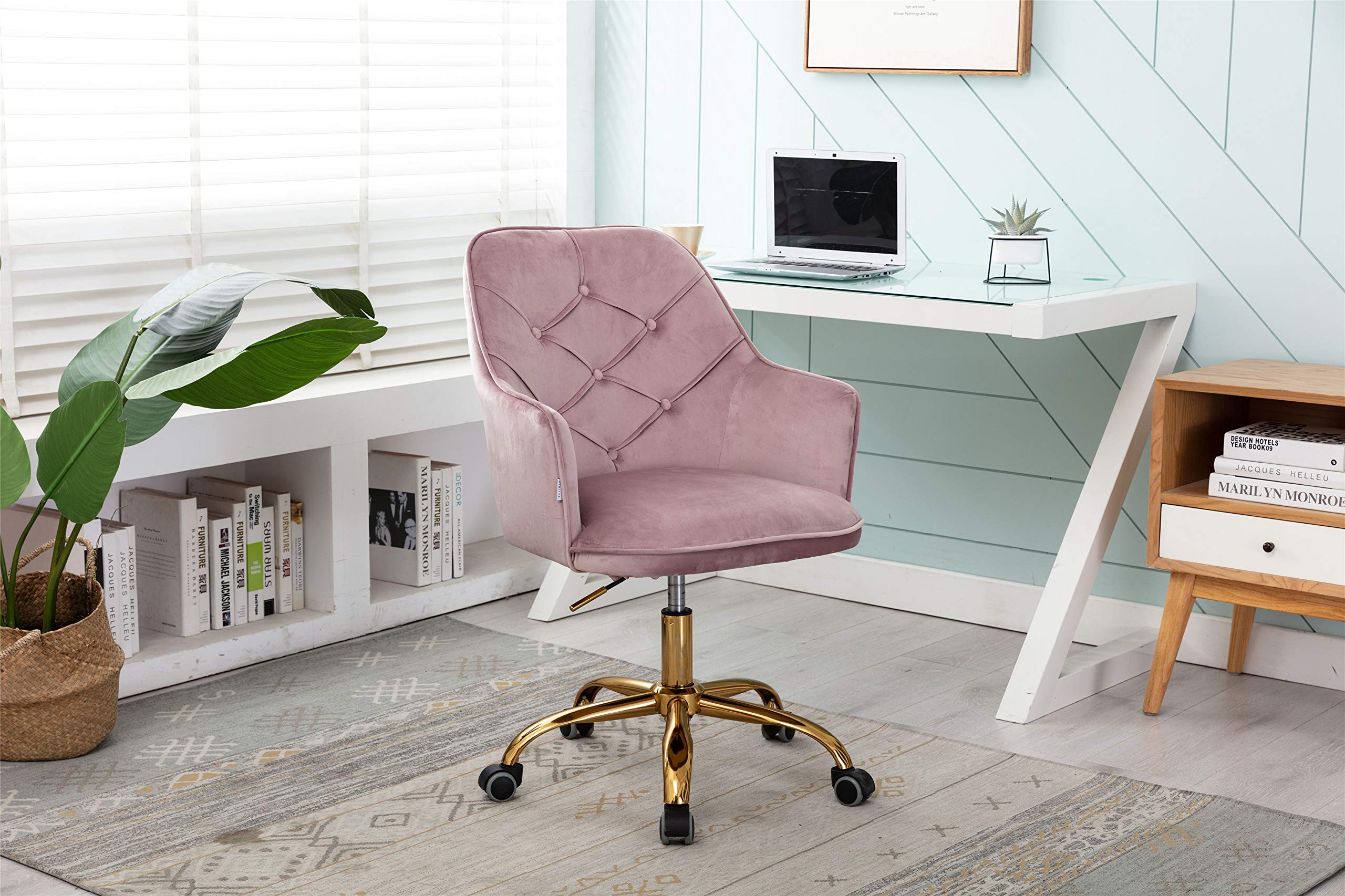 scxatvd Office Chair, Home Office Desk Chairs with Wheels, 360°Swivel/Bedroom/Vanity/Task/Velvet/Tufted Chair for Living Room with Armrest, Upholstered Height Adjustable (Light Pink)