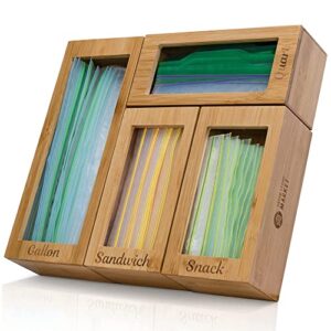 green stand market - ziplock bag organizer for drawer - 4 piece - large quart size - kitchen drawer organizer compatible with most brands & sizes - wooden ziplock bag organizer for drawer