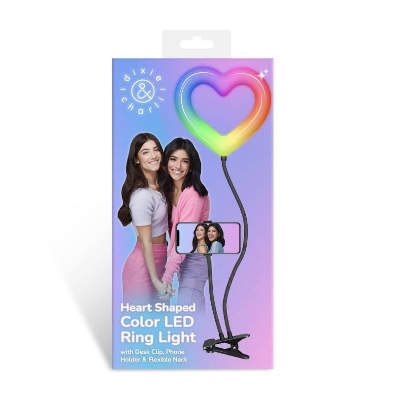 Dixie & Charli 6” Heart Shaped Color LED Ring Light Cell Phone Holder with Adjustable Gooseneck Phone Stand and Clip on Selfie Desk Clamp