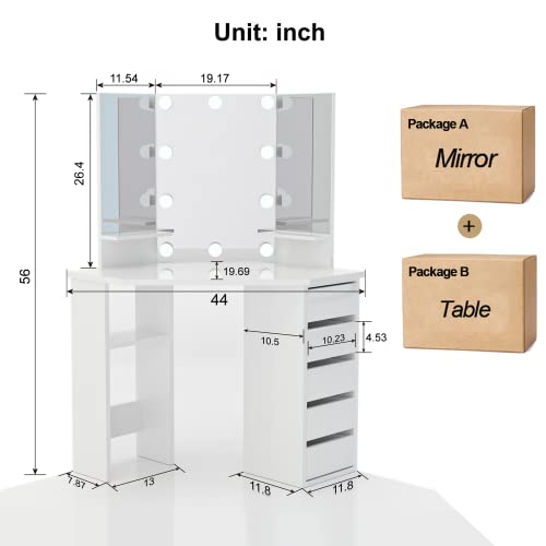 Likein Corner Makeup Vanity Desk with Mirror and Lights, Bedroom Vanity Table with Lighted Mirror 5 Drawers and Storage Shelf for Women Girls White