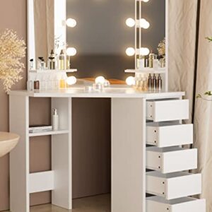 Likein Corner Makeup Vanity Desk with Mirror and Lights, Bedroom Vanity Table with Lighted Mirror 5 Drawers and Storage Shelf for Women Girls White