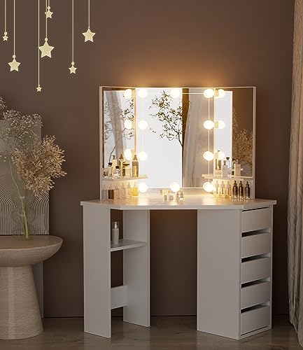 Likein Corner Makeup Vanity Desk with Mirror and Lights, Bedroom Vanity Table with Lighted Mirror 5 Drawers and Storage Shelf for Women Girls White