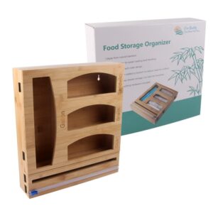 plastic bag storage organizer bamboo - 5 in 1 wrap dispenser with cutter, suitable for gallon, quart, sandwich & snack bag, cling film, aluminum foil etc; compatible with 12" kitchen rolls