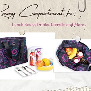 Pursetti Insulated Lunch Bag for Women-Reusable Large Lunch Tote Bag with Water Bottle Holder & Leak-Proof Lining for Work or Travel-Carry by Hand, On the Shoulder or Crossbody (Purple Circle)