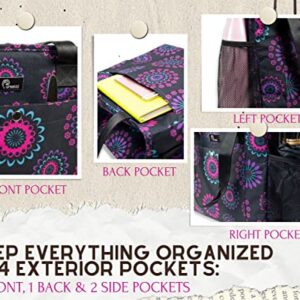 Pursetti Insulated Lunch Bag for Women-Reusable Large Lunch Tote Bag with Water Bottle Holder & Leak-Proof Lining for Work or Travel-Carry by Hand, On the Shoulder or Crossbody (Purple Circle)