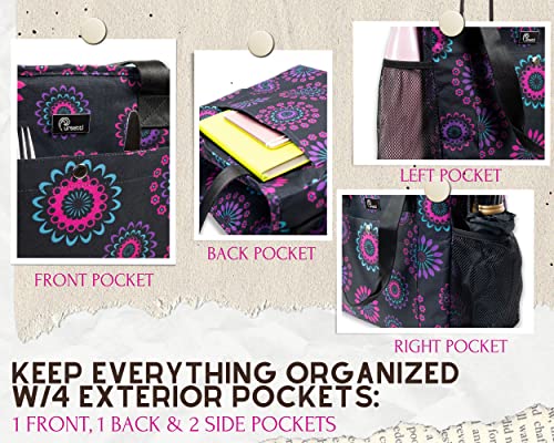 Pursetti Insulated Lunch Bag for Women-Reusable Large Lunch Tote Bag with Water Bottle Holder & Leak-Proof Lining for Work or Travel-Carry by Hand, On the Shoulder or Crossbody (Purple Circle)