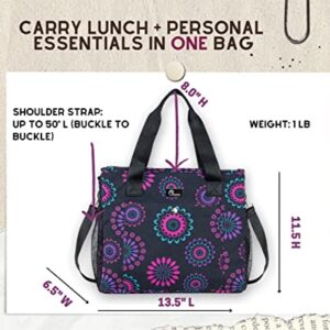 Pursetti Insulated Lunch Bag for Women-Reusable Large Lunch Tote Bag with Water Bottle Holder & Leak-Proof Lining for Work or Travel-Carry by Hand, On the Shoulder or Crossbody (Purple Circle)