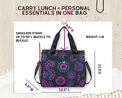 Pursetti Insulated Lunch Bag for Women-Reusable Large Lunch Tote Bag with Water Bottle Holder & Leak-Proof Lining for Work or Travel-Carry by Hand, On the Shoulder or Crossbody (Purple Circle)