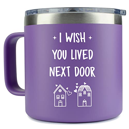 KLUBI Best Friend Gift Women - “I wish you lived next door” 14oz Purple Tumbler Mug - Cute idea for Friendship, Long Distance, Bestie, Birthday, Present, Female, Hostess, BFF