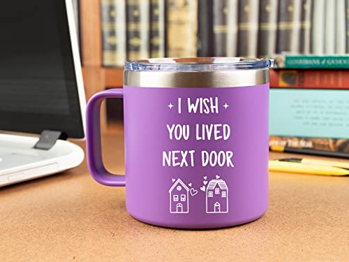 KLUBI Best Friend Gift Women - “I wish you lived next door” 14oz Purple Tumbler Mug - Cute idea for Friendship, Long Distance, Bestie, Birthday, Present, Female, Hostess, BFF