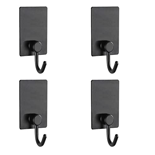 Black Adhesive Wall Hooks 4 Pack,HOWMAX No Damage Hanging Self Adhesive Hooks for Hanging Coats,Hats,Towels, Robes,Keys,Clothes for Home,Office, Kitchen,Bathroom,Apartment,Dorm Room (4, Matte Black)