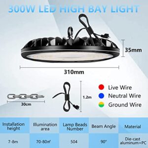 loyal 300W UFO LED High Bay Light, 6000K/3000K/4000K 30000LM Commercial LED Garage Light, IP65 Shop Light with 1.2M Cable US Plug, High Bay LED Shop Lights for Garage Warehouse Gym Factory