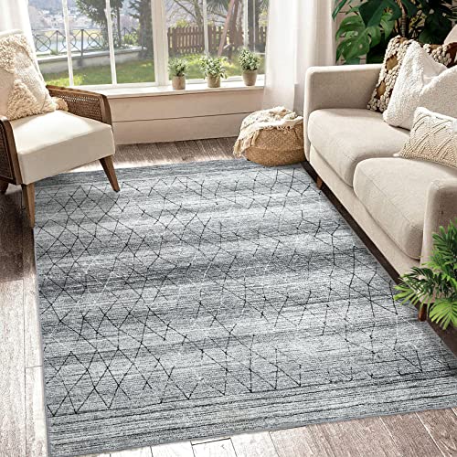 ROYHOME Area Rug 8' x 10' Machine Washable Abstract Moroccan Rug Contemporary Diamond Rug Indoor Floor Cover Geometric Carpet Rug Foldable Accent Rug for Living Room Bedroom Dining Room, Grey