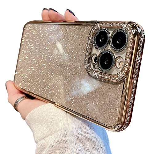 MINSCOSE Clear Glitter Case for iPhone 12 Pro Max Case,Luxury Cute Flexible Sparkly Rhinestone Case with Bling Crystal Shockproof Camera Lens Protector Design for Women Girls-Gold