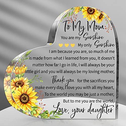 Mom Gift Mother in Law Gift Bonus Mom Gift to My Mom Acrylic Heart Sunflower Mothers Plaque Gifts Grateful Birthday Gifts for Mom Acrylic Best Mom Sign Acrylic Heart Sign from Daughter