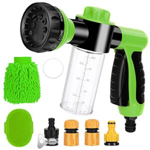 pup jet dog wash 7 pieces pet bathing tool set include hose nozzle foam sprayer with connectors, dog rubber comb brush and wash mitt, for showering pet, car wash and watering plants green